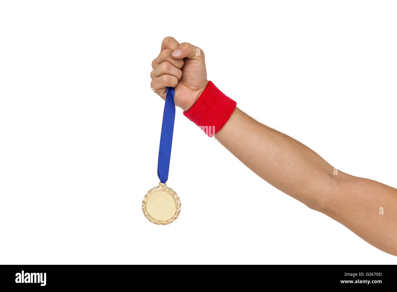 Athlete holding gold medal after victory Stock Photo - Alamy