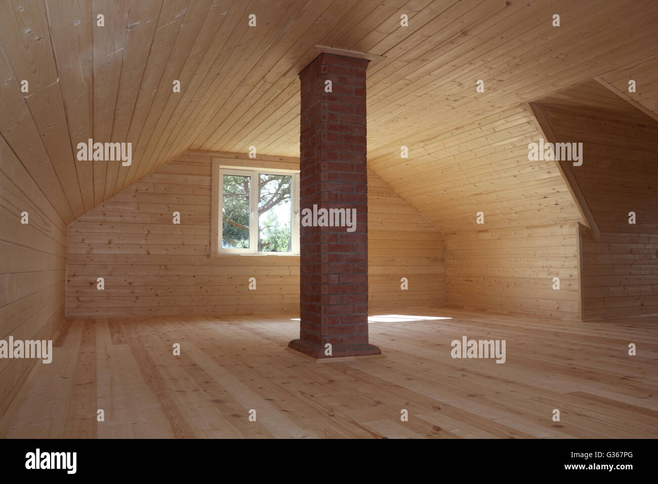 Newly built and faced attic with brick chimney photo Stock Photo - Alamy