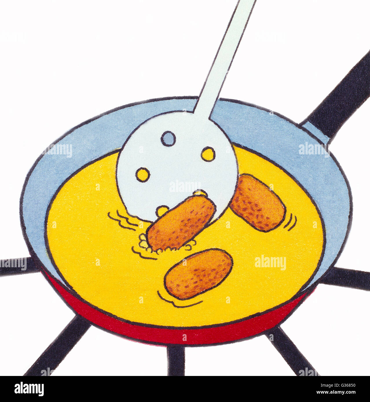 Cooking process: frying croquettes in the frying-pan. Illustration ...