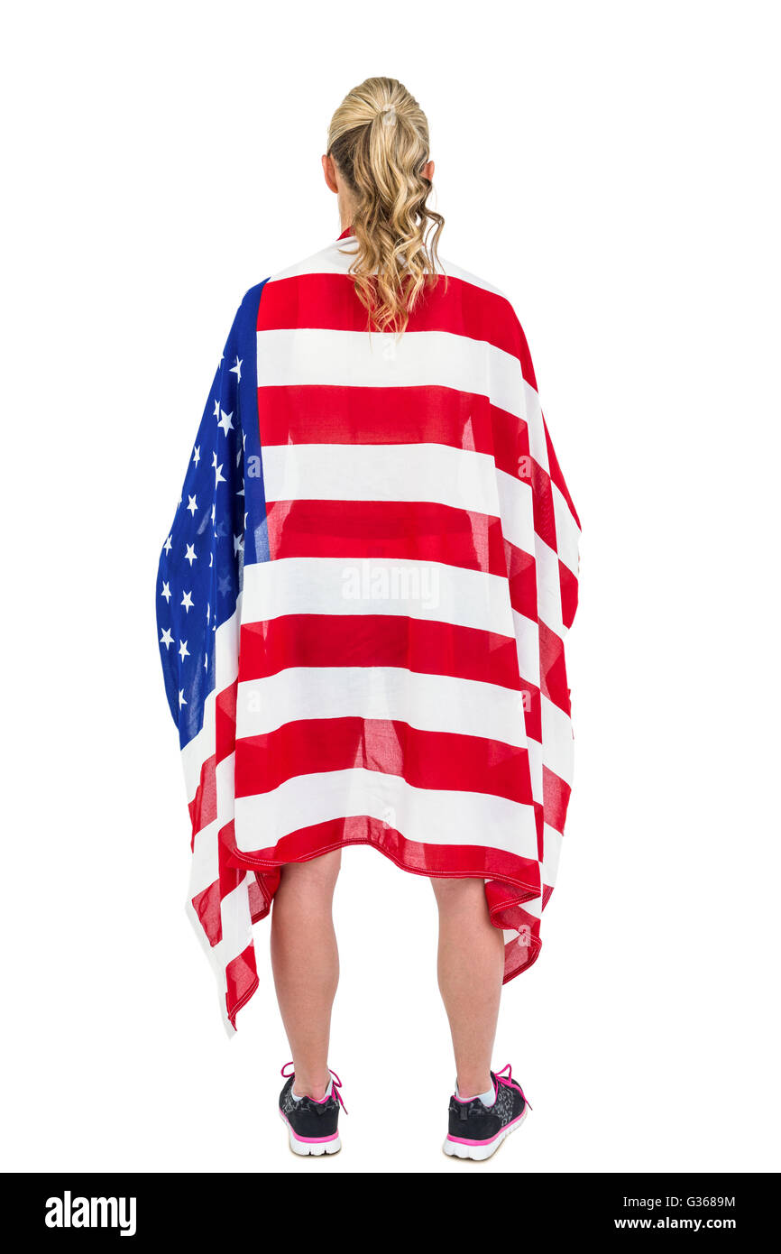 Athlete with american flag wrapped around his body Stock Photo - Alamy