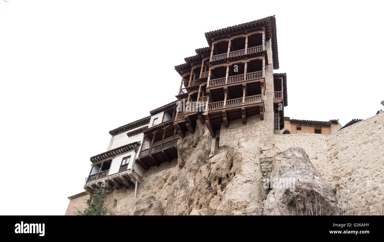 The famous hanging houses in Cuenca against white sky Stock Photo - Alamy