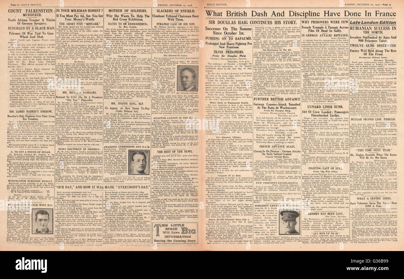1916 Daily Sketch Douglas Haig reports of success on the Somme Stock ...