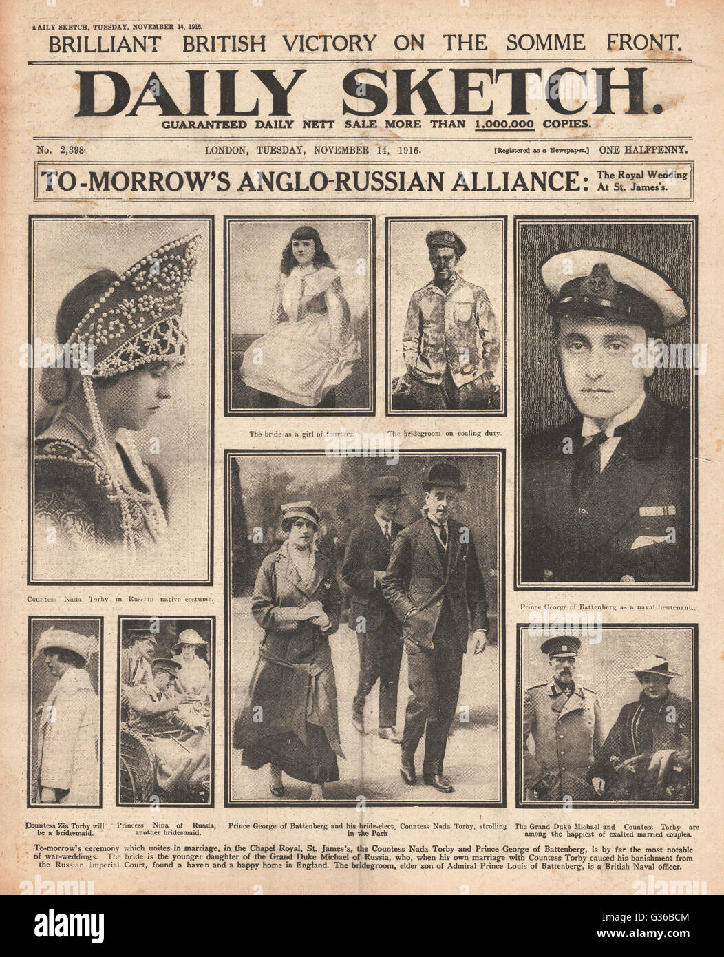 1916 Daily Sketch Wedding of Prince George of Battenberg Stock Photo ...