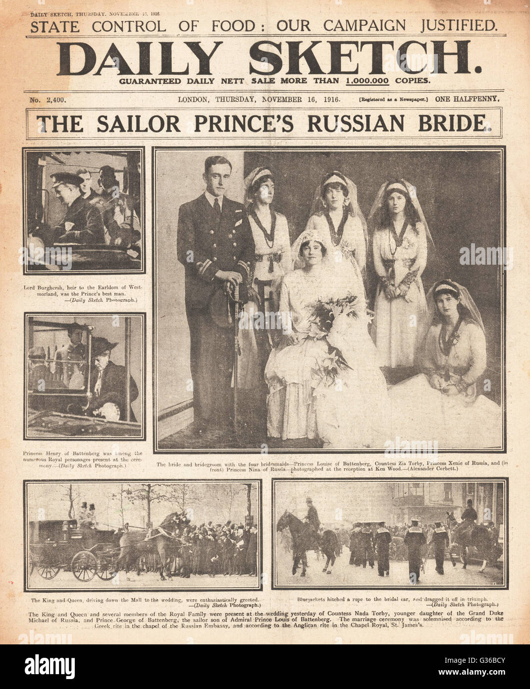 1916 Daily Sketch Wedding of Prince George of Battenberg Stock Photo ...