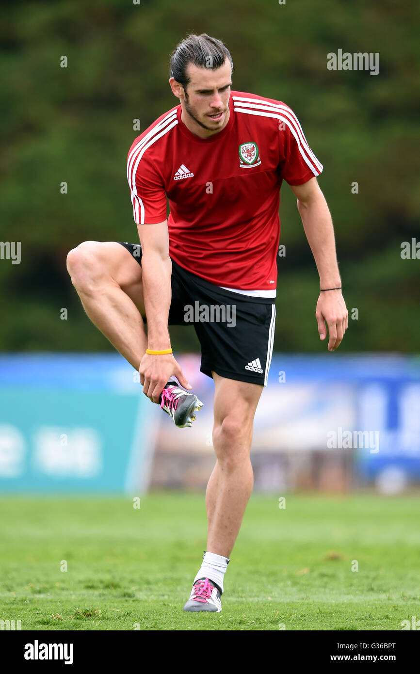 Wales' Gareth Bale feels his foot during a training session at the ...