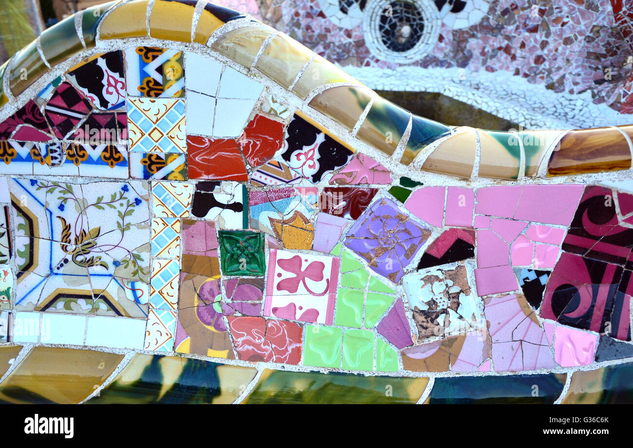 Mosaic detail of a ceramic tiled bench in Park Guell, Barcelona, Spain ...