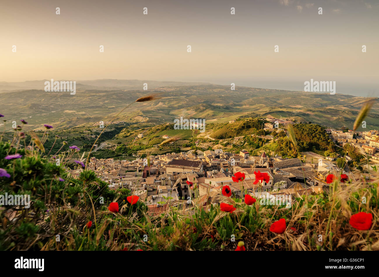 Mountain town Caltabellotta, Sicily, Italy in the sunrise Stock Photo ...