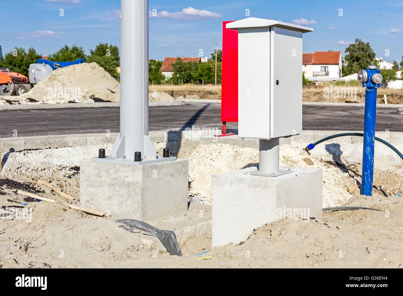 New small distribution fuse box on construction site next to the pole ...