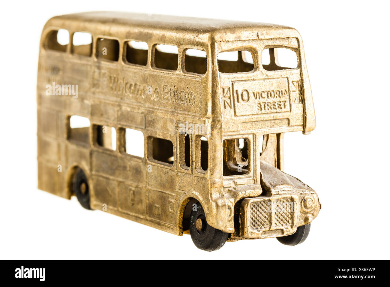 a vintage retro double decked british bus toy isolated over a white ...