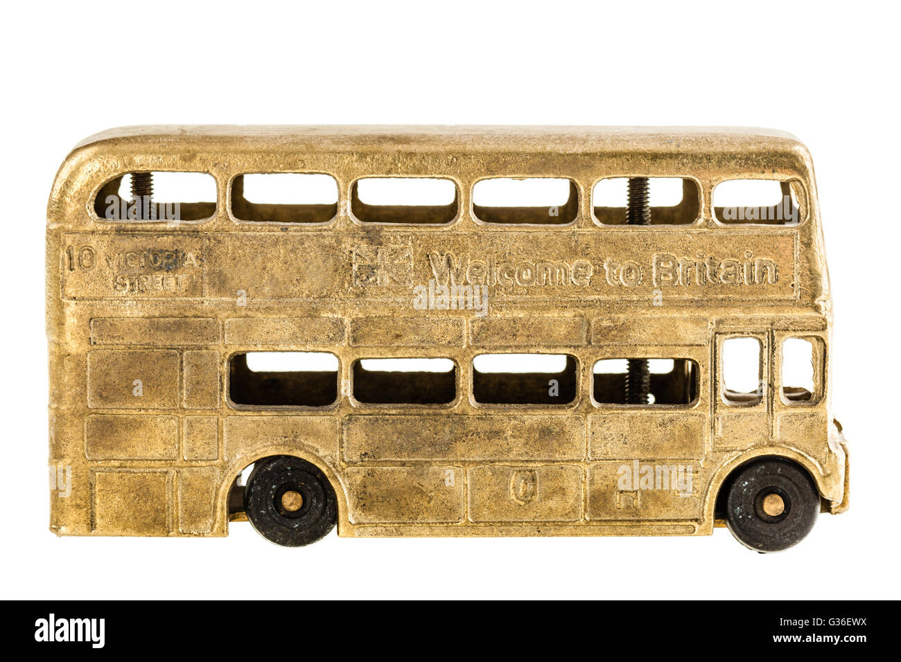 a vintage retro double decked british bus toy isolated over a white ...