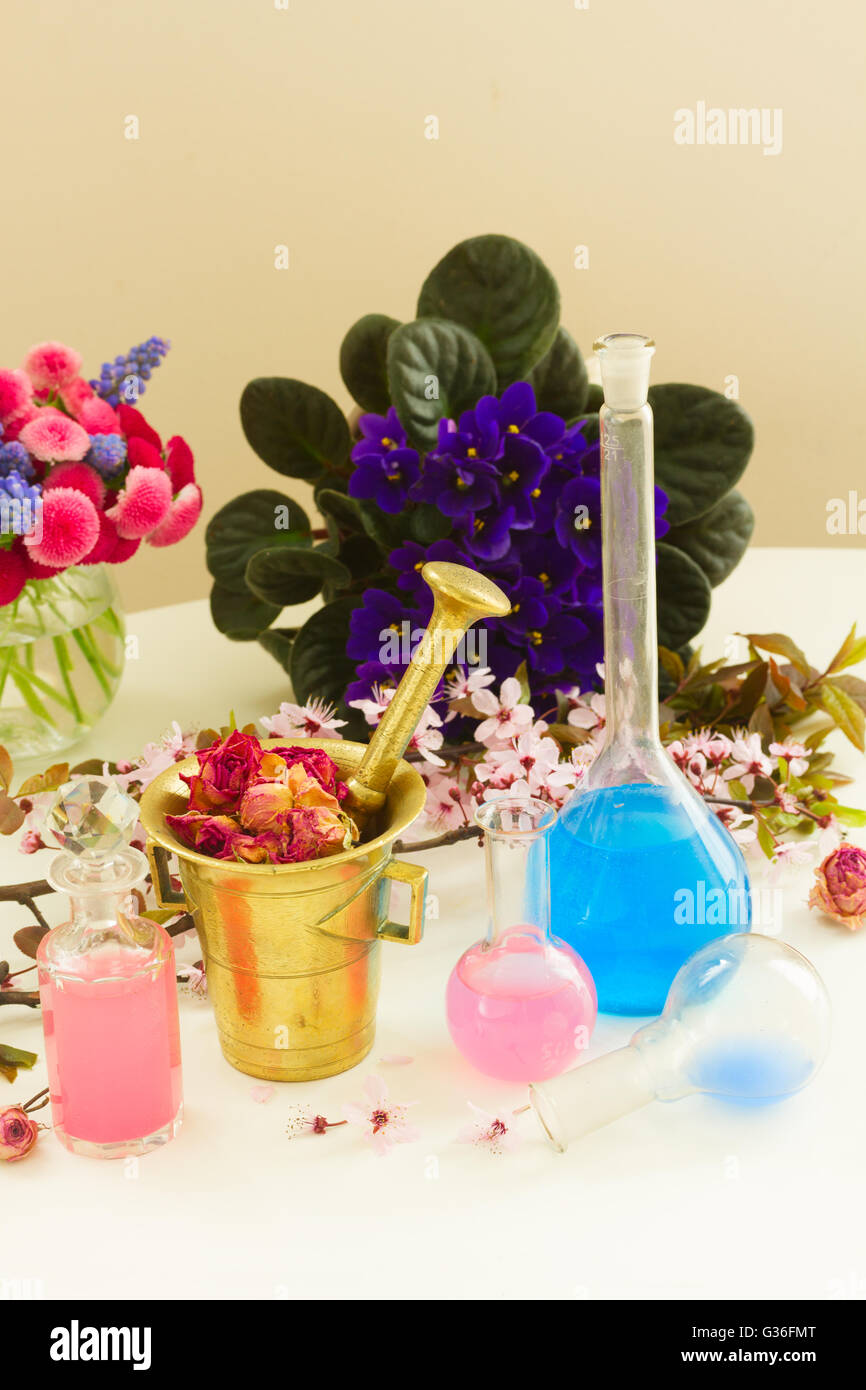 aromatherapy - dry flowers and potions Stock Photo - Alamy