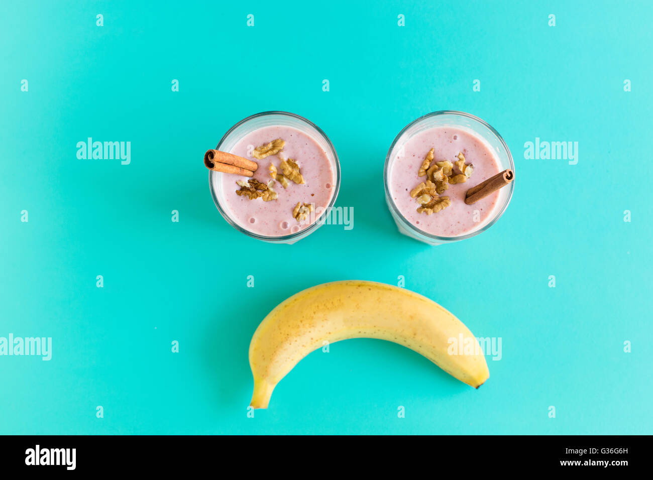 assorted protein cocktail with fresh fruits in shap of sad face Stock ...