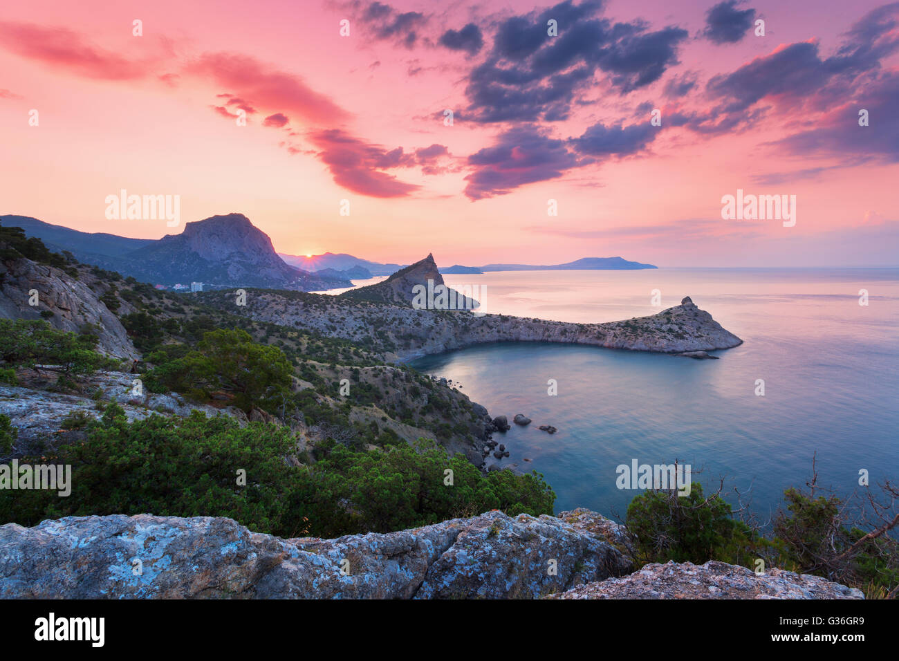Landscape with beautiful view on the mountain valley and sea at ...