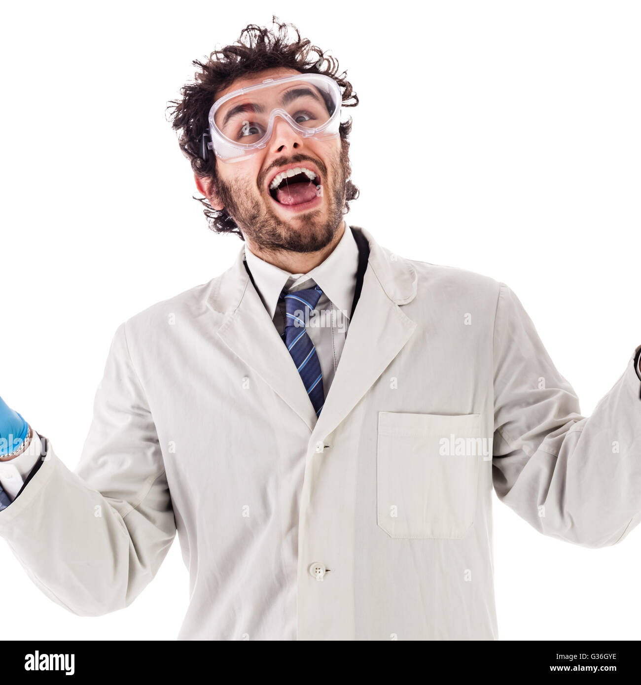 a happy doctor or researcher with a white lab coat cheering isolated ...