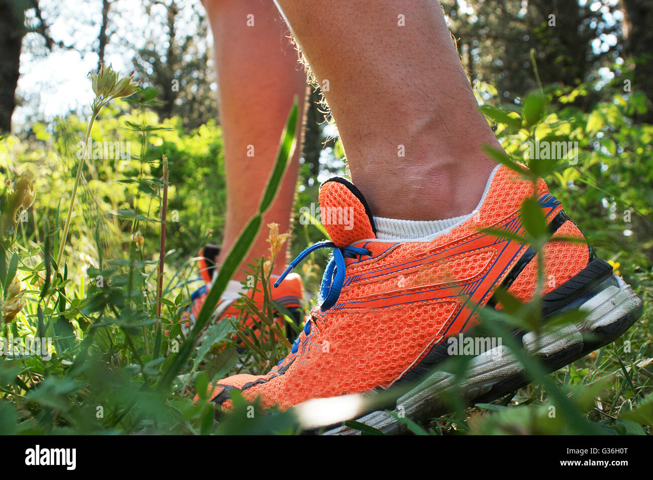 Close up of man walking on nature trail near forest preserve. Color ...