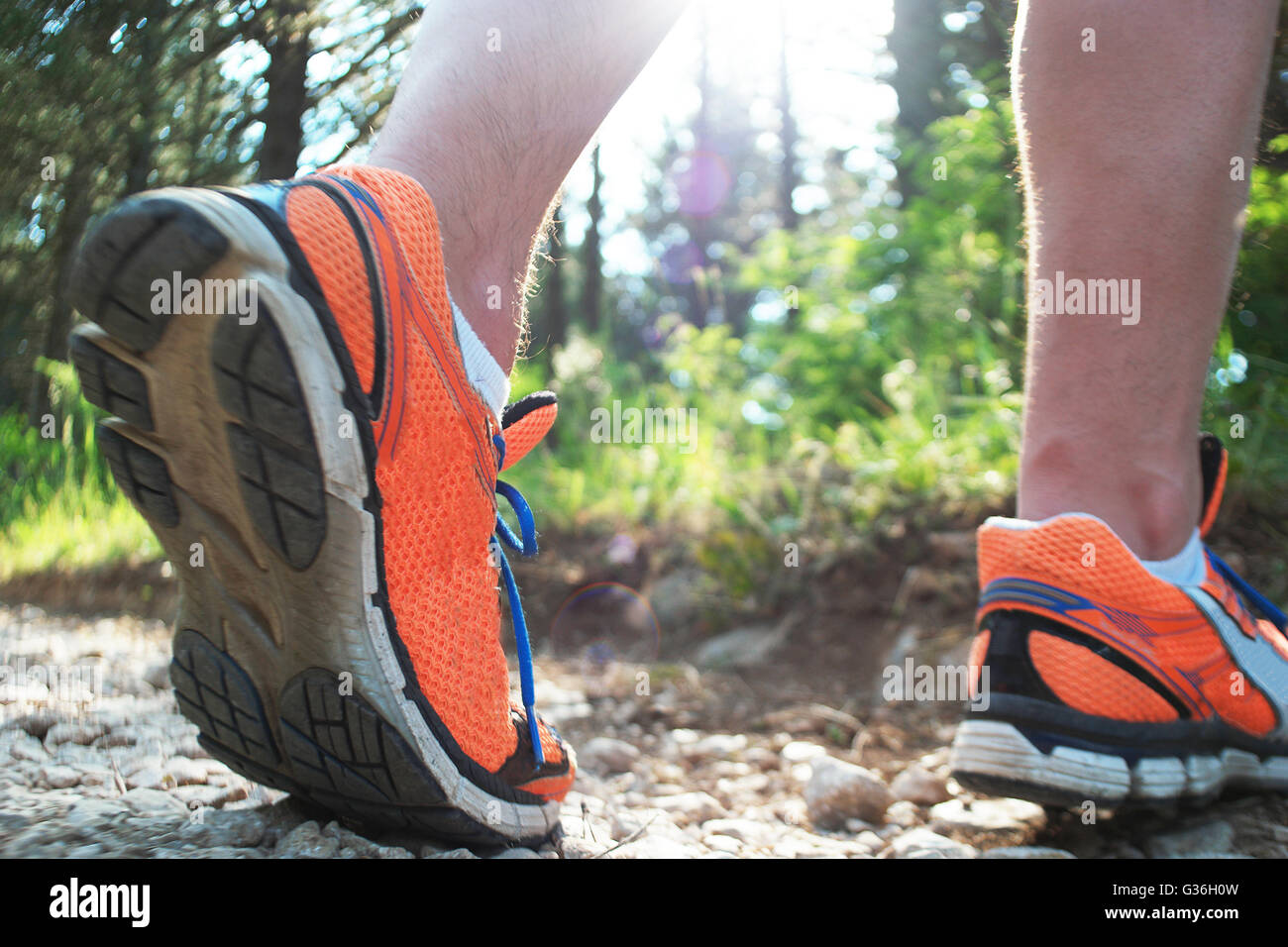 Close up of man walking on nature trail near forest preserve. Color ...