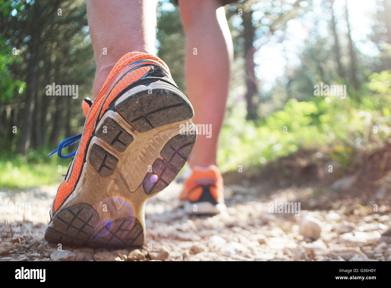 Close up of man walking on nature trail near forest preserve. Color ...
