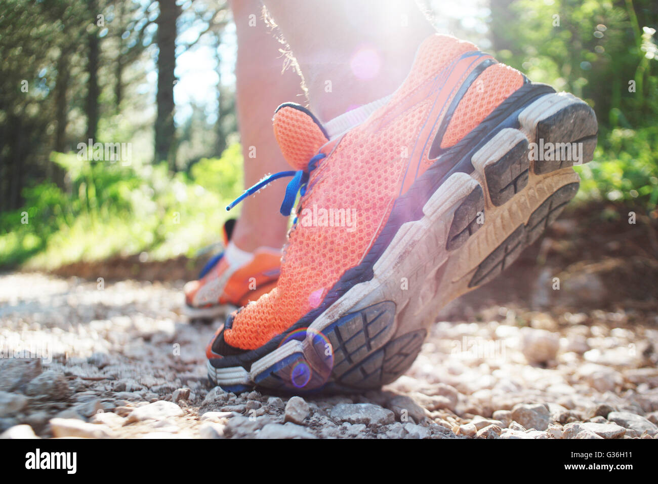 Close up of man walking on nature trail near forest preserve. Color ...