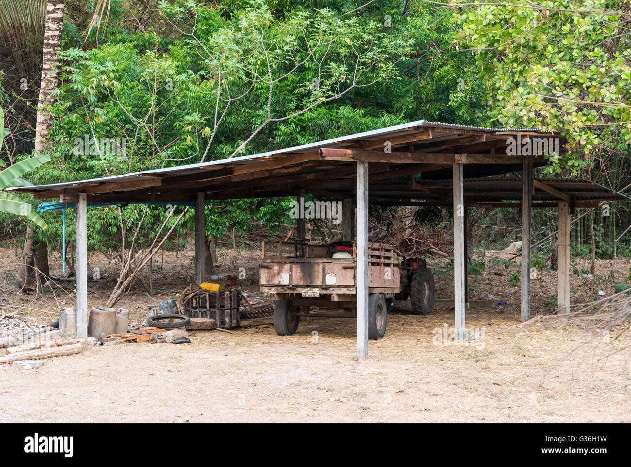 Old outdoor garage with the small truck for use in the countryside farm ...