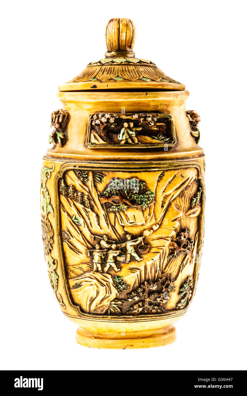 a beautiful decorated chinese urn isolated over a white background ...