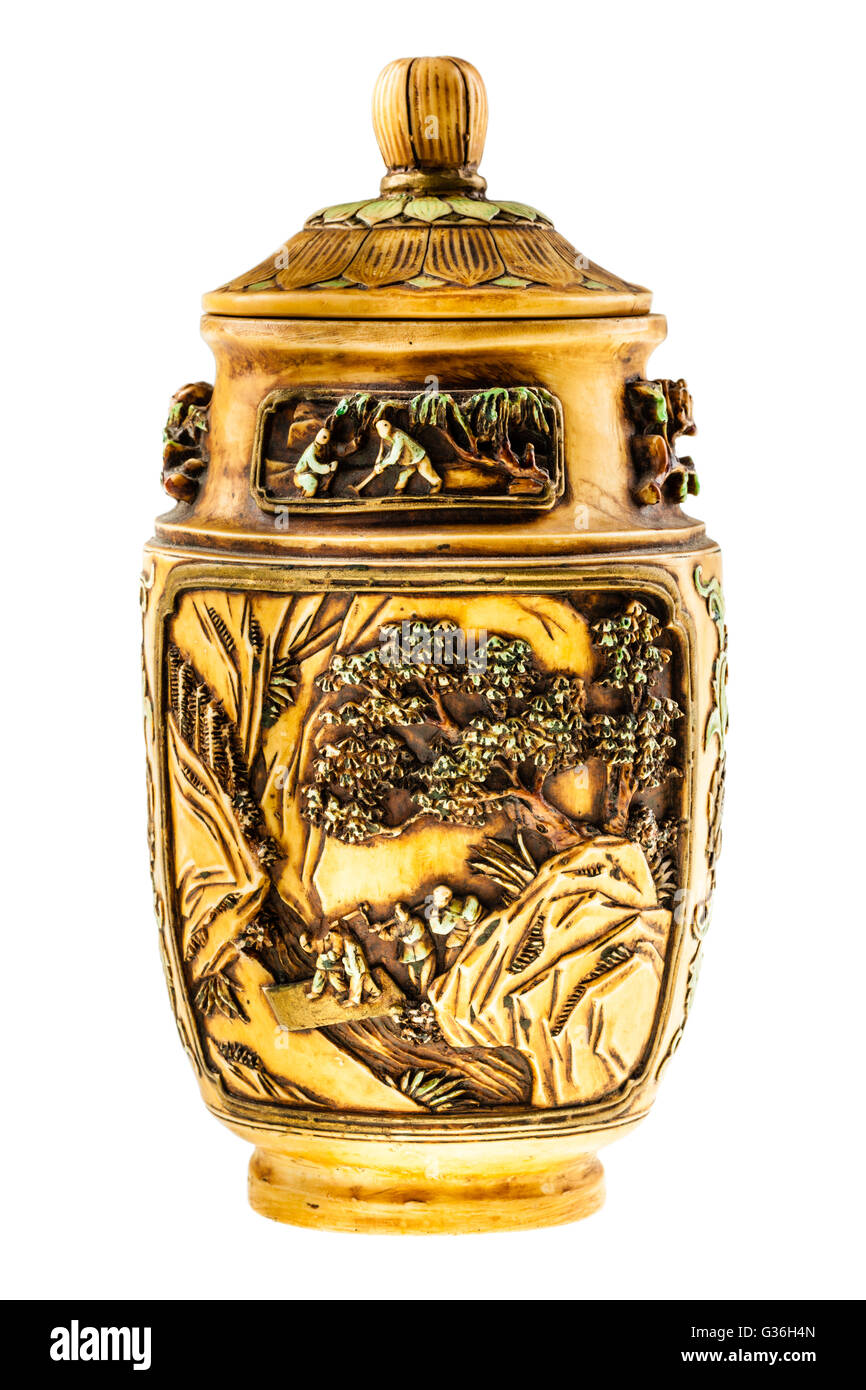 a beautiful decorated chinese urn isolated over a white background ...