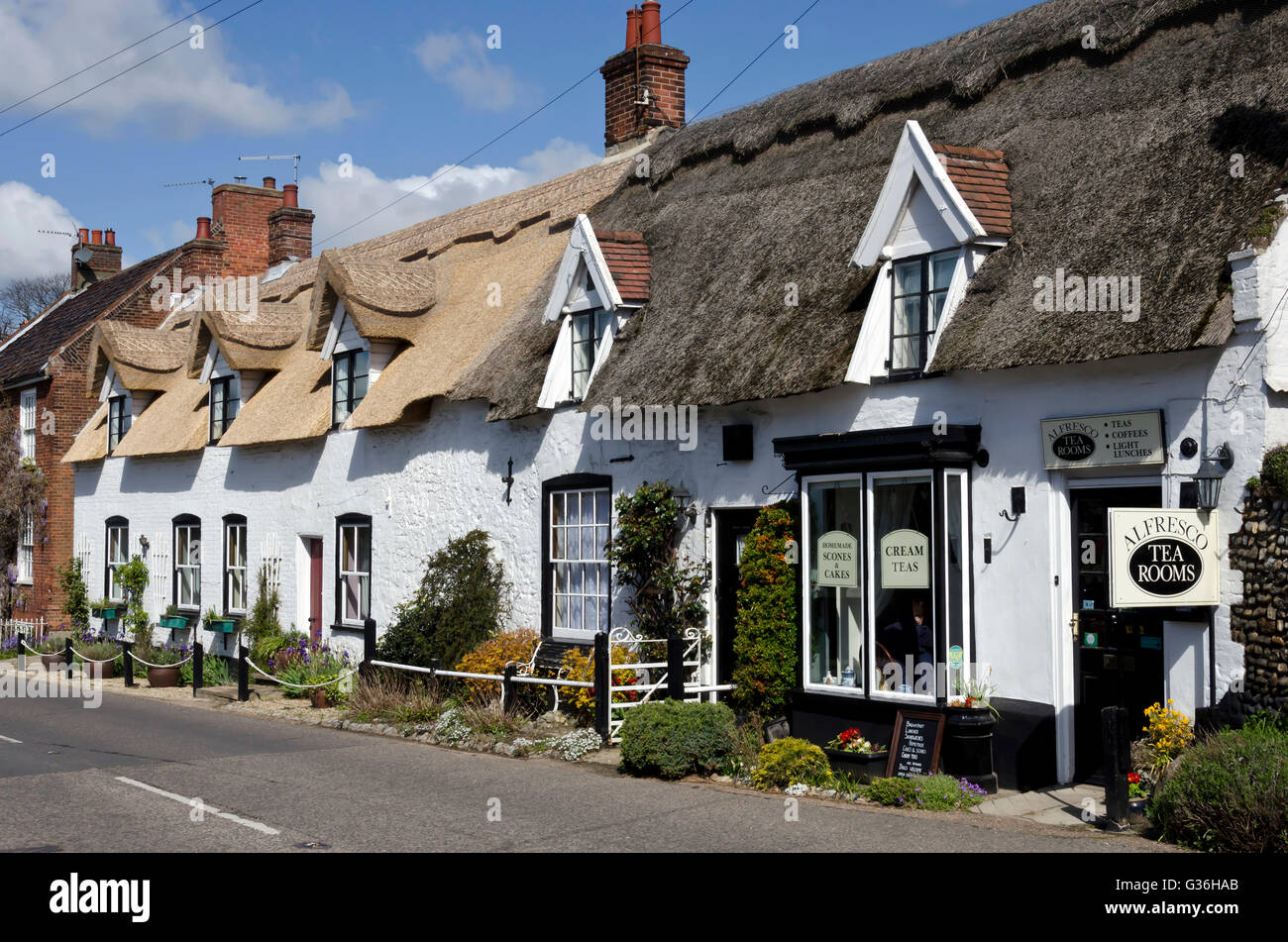 Picturesque thatched cottages in the village of Ludham on the Norfolk ...
