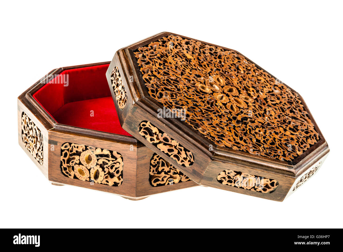 a intricate inlay wooden japanese box isolated over a white background ...