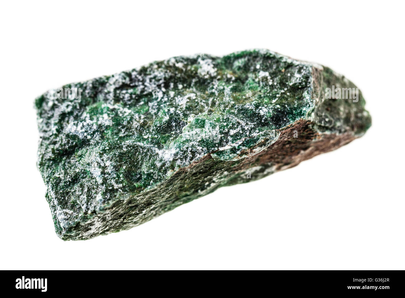 close up shot of a fragment of fuchsite mineral isolated on a white ...
