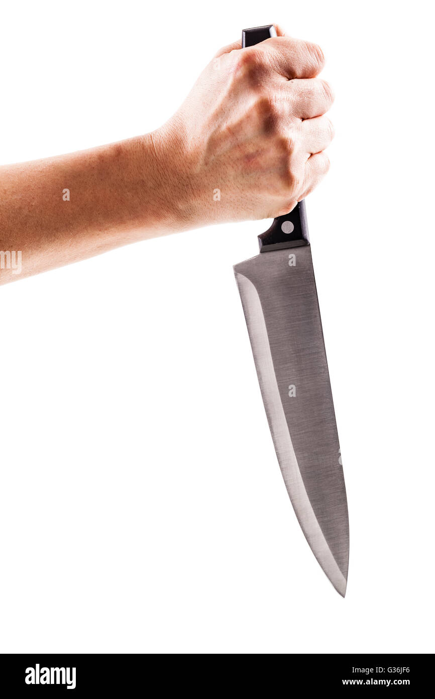 a male hand holding a big kitchen knife isolated over a white ...