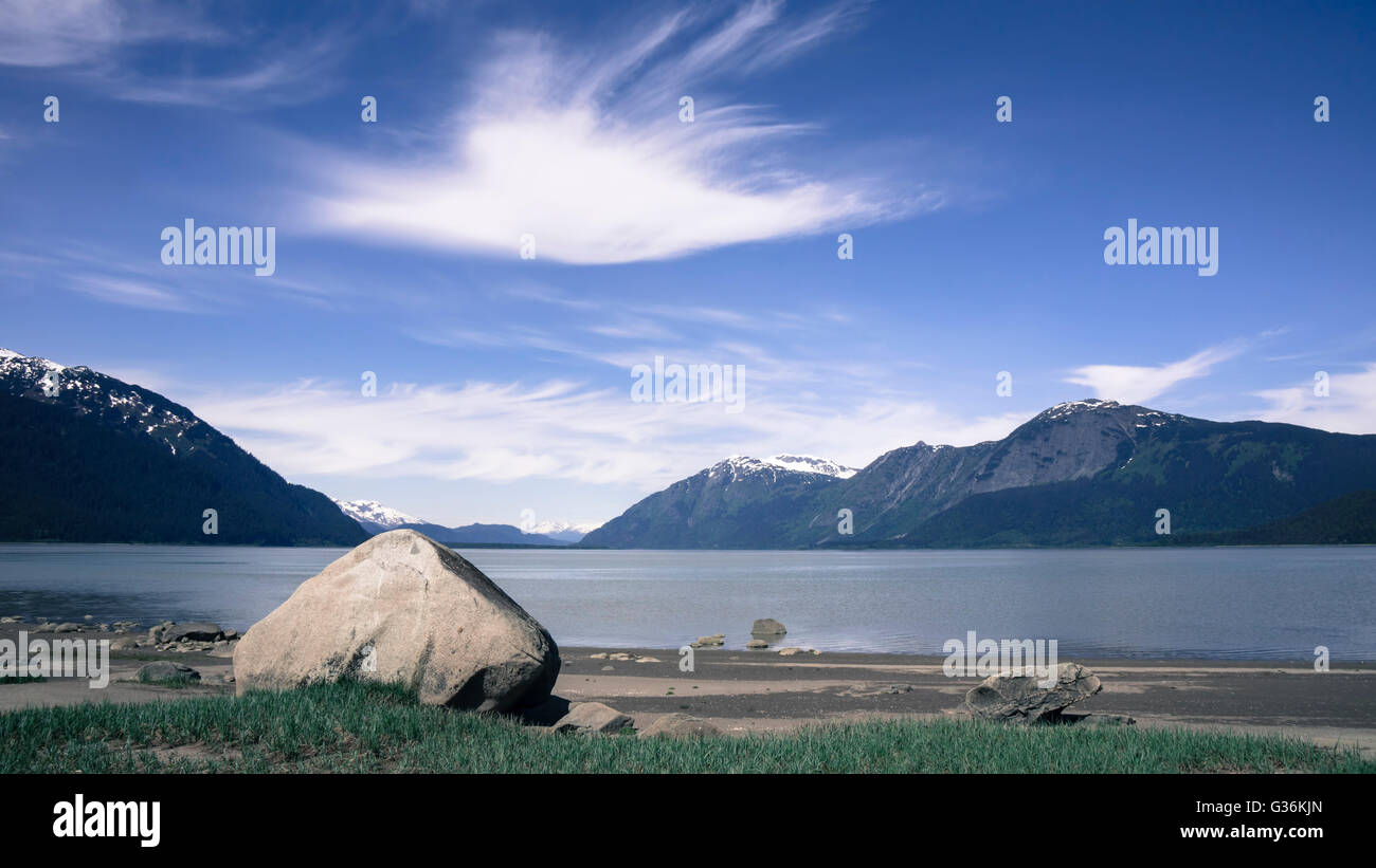 View from Pyramid Island in Southeast Alaska with vintage coloration ...