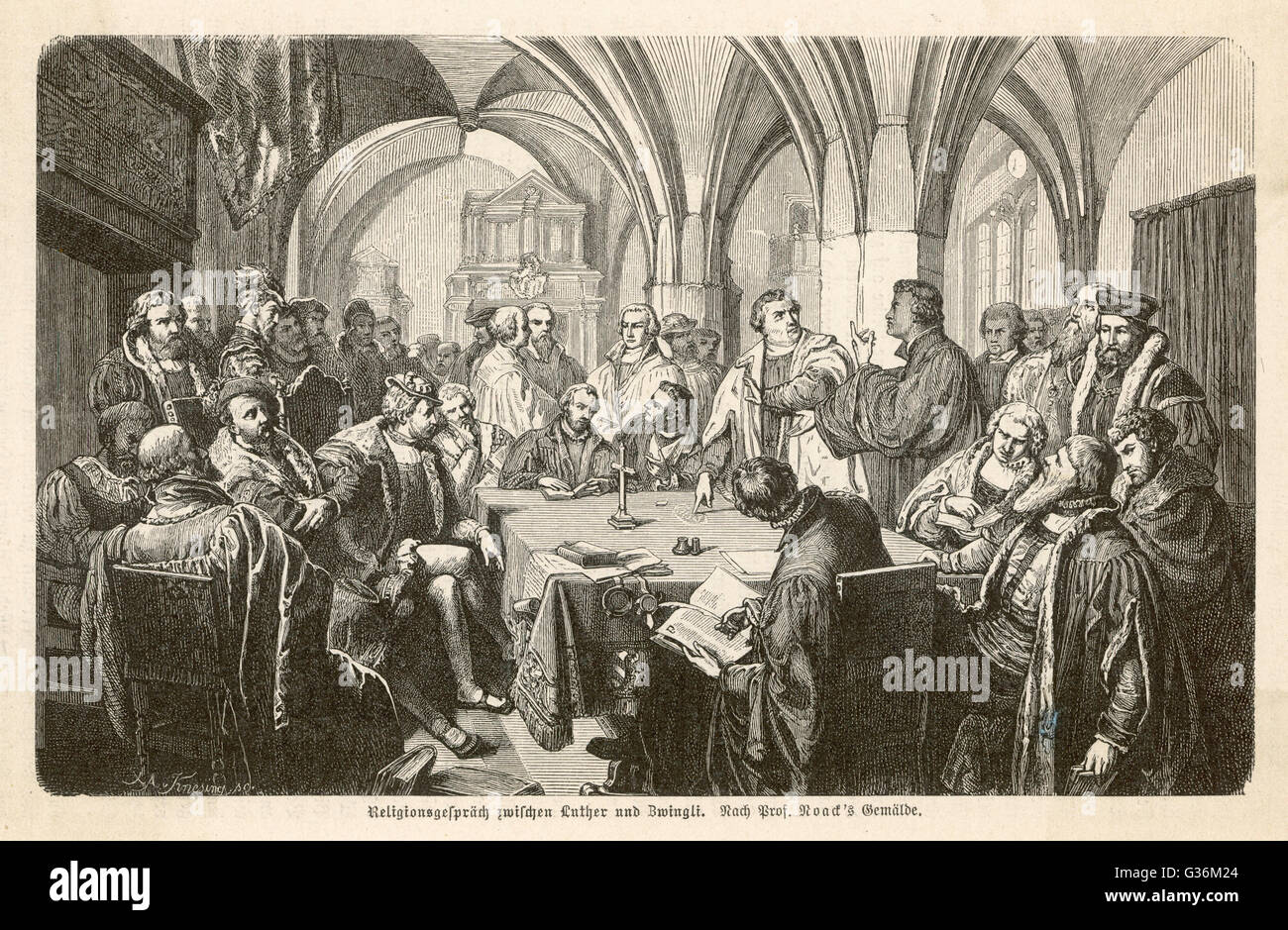Two protestant churchmen, Luther and Zwingli, engage in a religious ...
