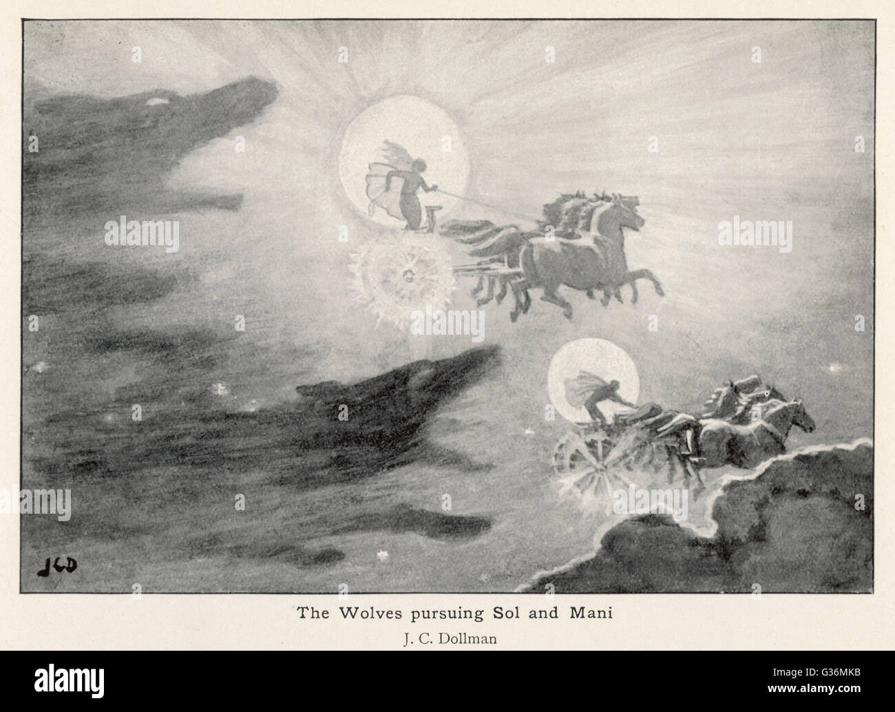 The wolves Skoll (repulsion) and Hati (hate) pursue Sol (sun) and Mani ...