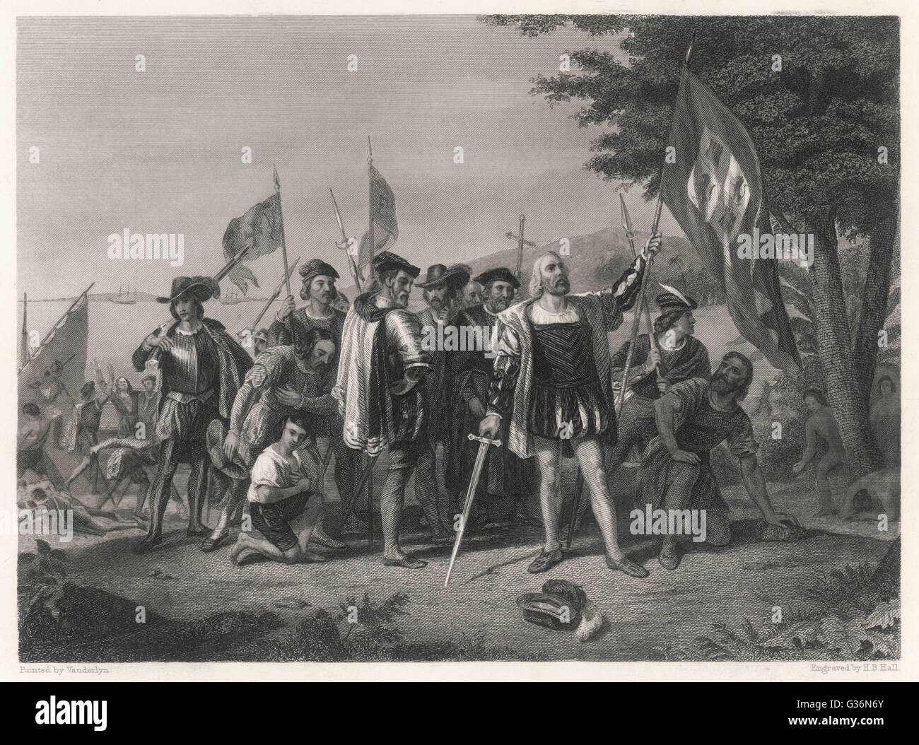 Columbus lands on Watling Island (San Salvador Stock Photo - Alamy