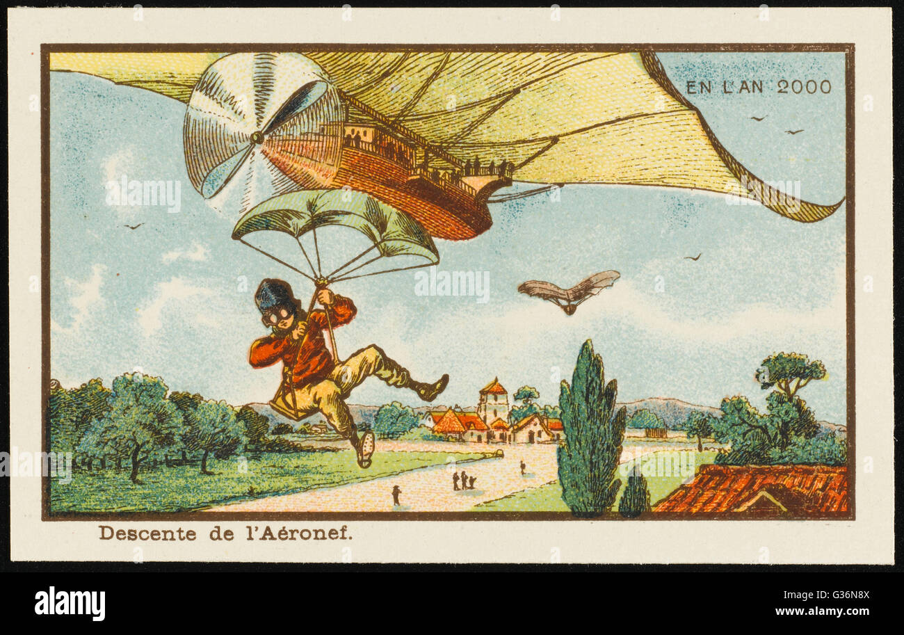 Futuristic pilot leaving his airship by parachute Stock Photo - Alamy