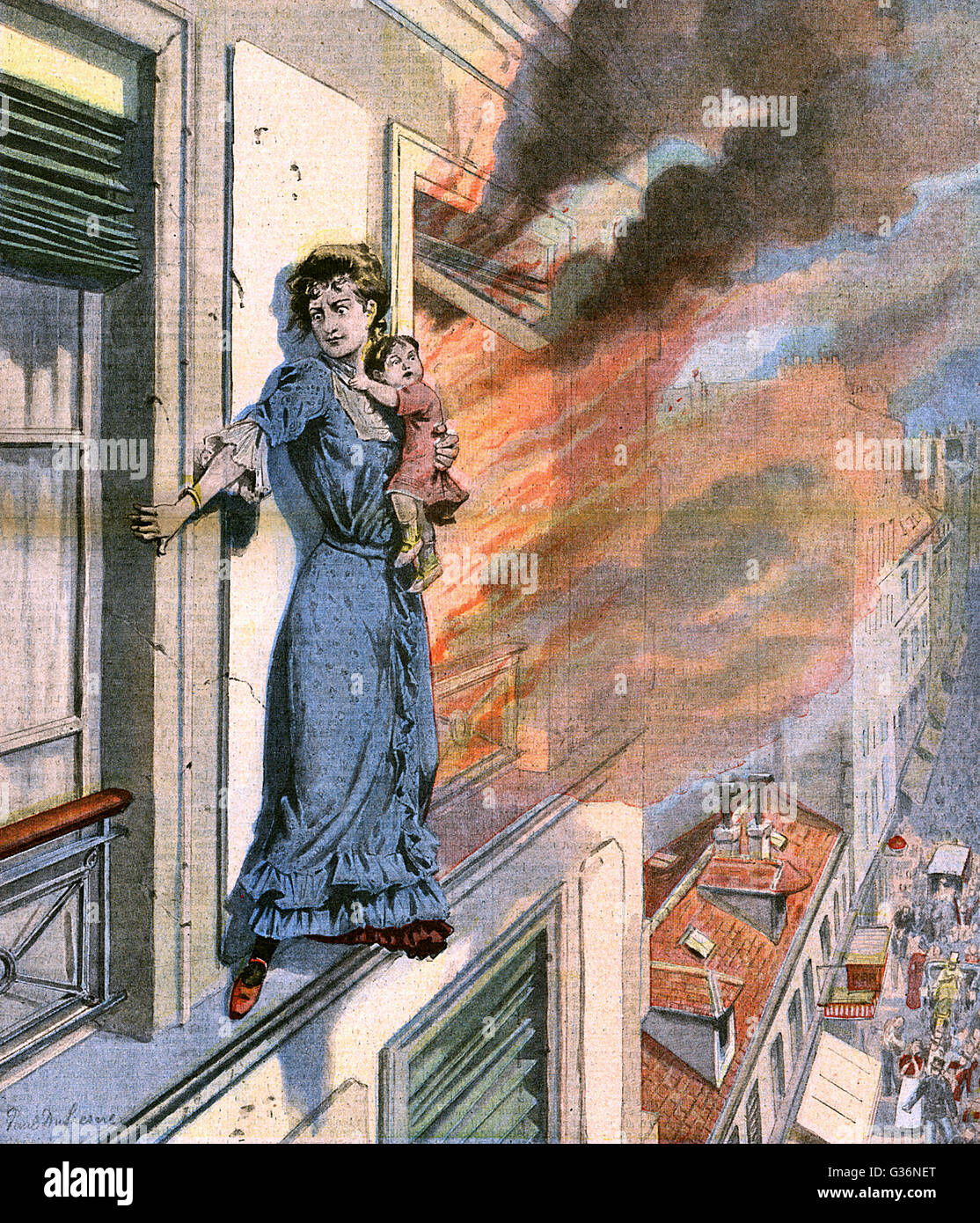 Woman saving child by walking narrow ledge Stock Photo - Alamy