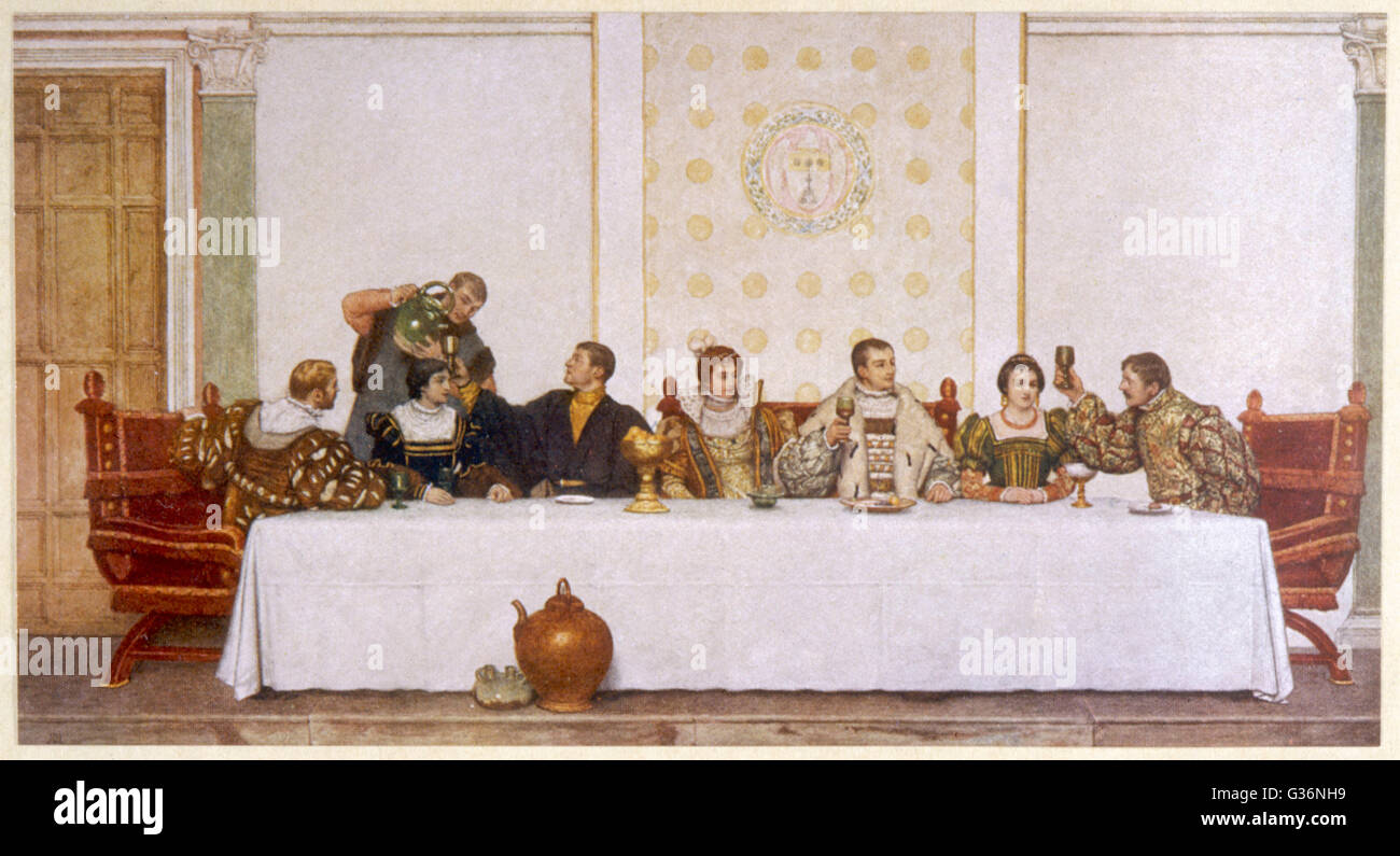 A wedding banquet at a long table. Date: 16th century Stock Photo - Alamy