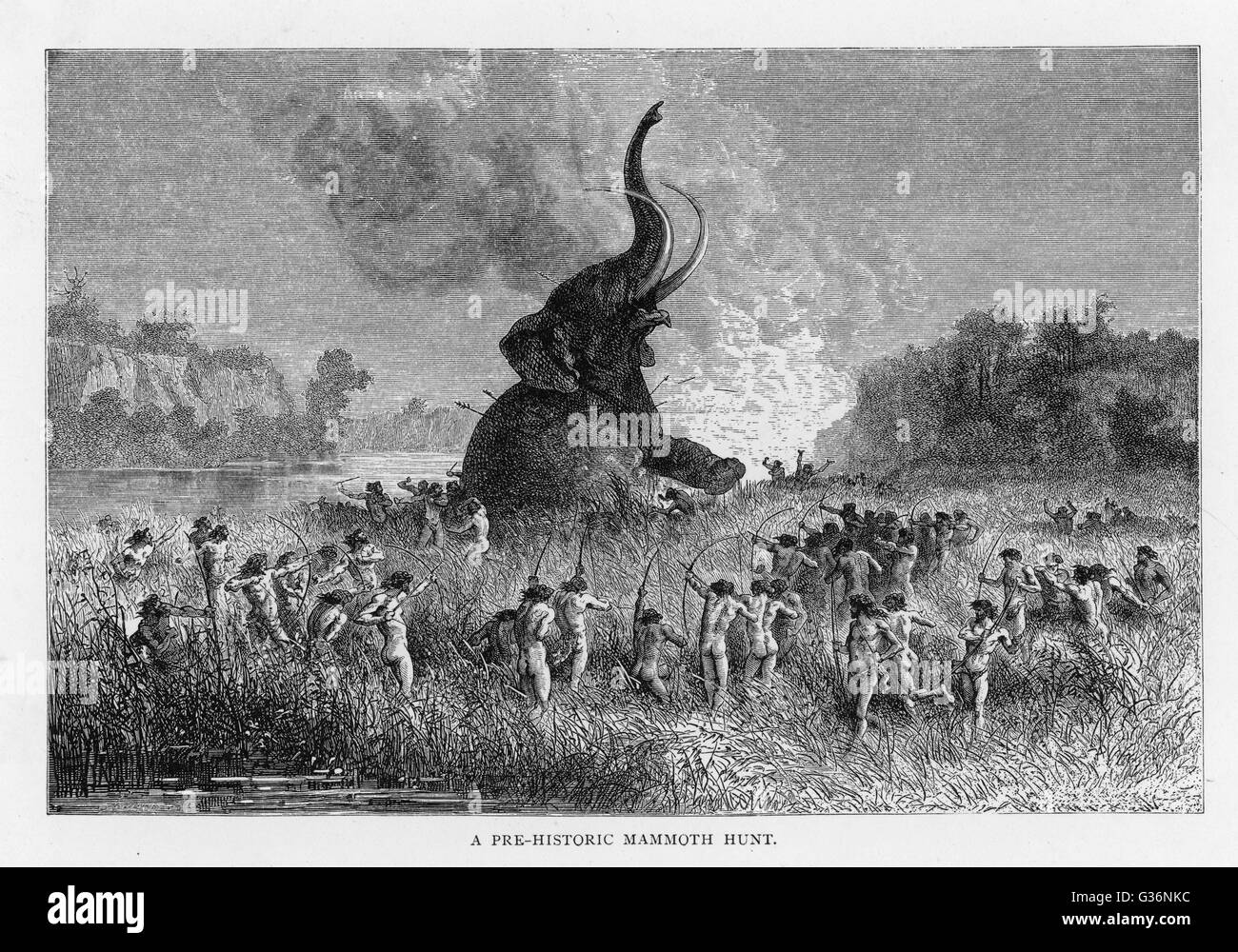 Men hunting mammoth during the Stone Age (Palaeolithic Era). Date ...