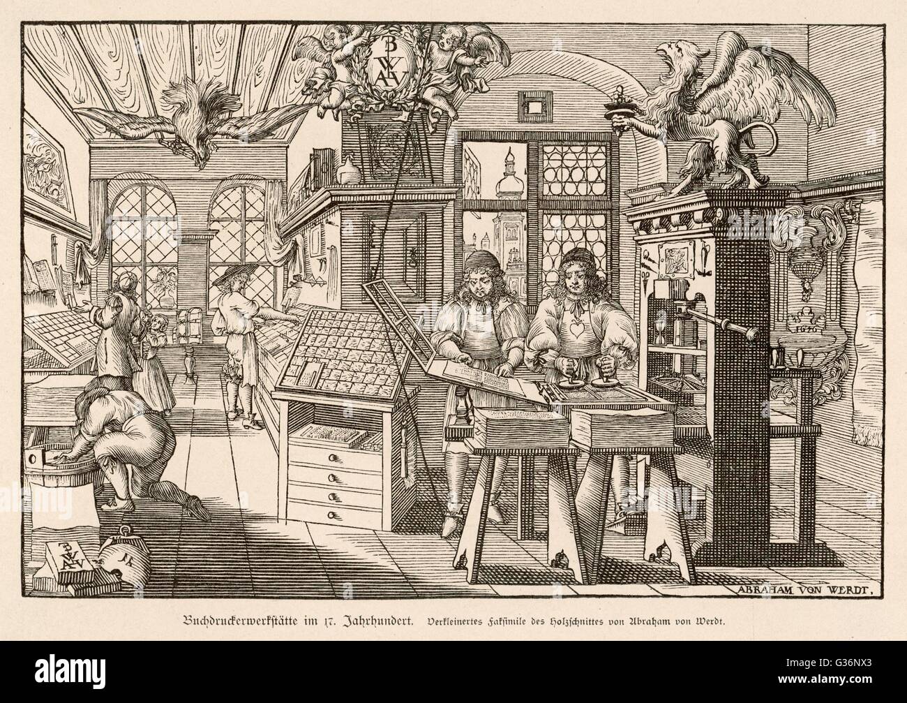 A flat-bed press and other printing equipment in a German printer's ...