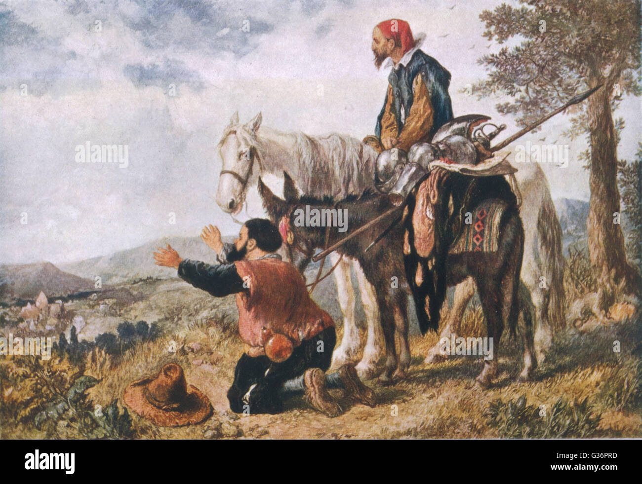 The return of Don Quixote and Sancho Panza -- Sancho kneels and raises ...