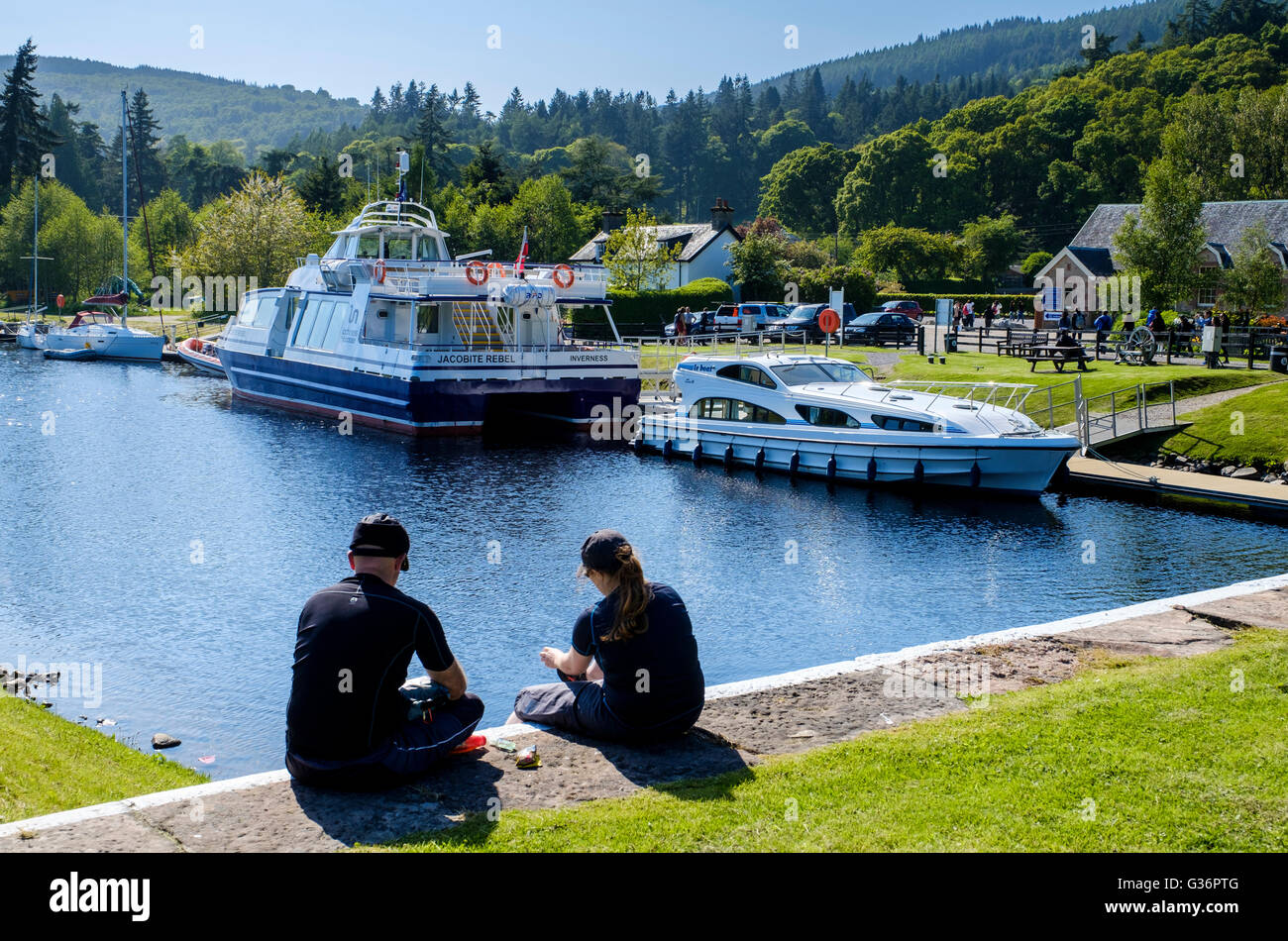 Pleasure craft moored on the Caledonian Canal at Dochgarroch, Inverness ...