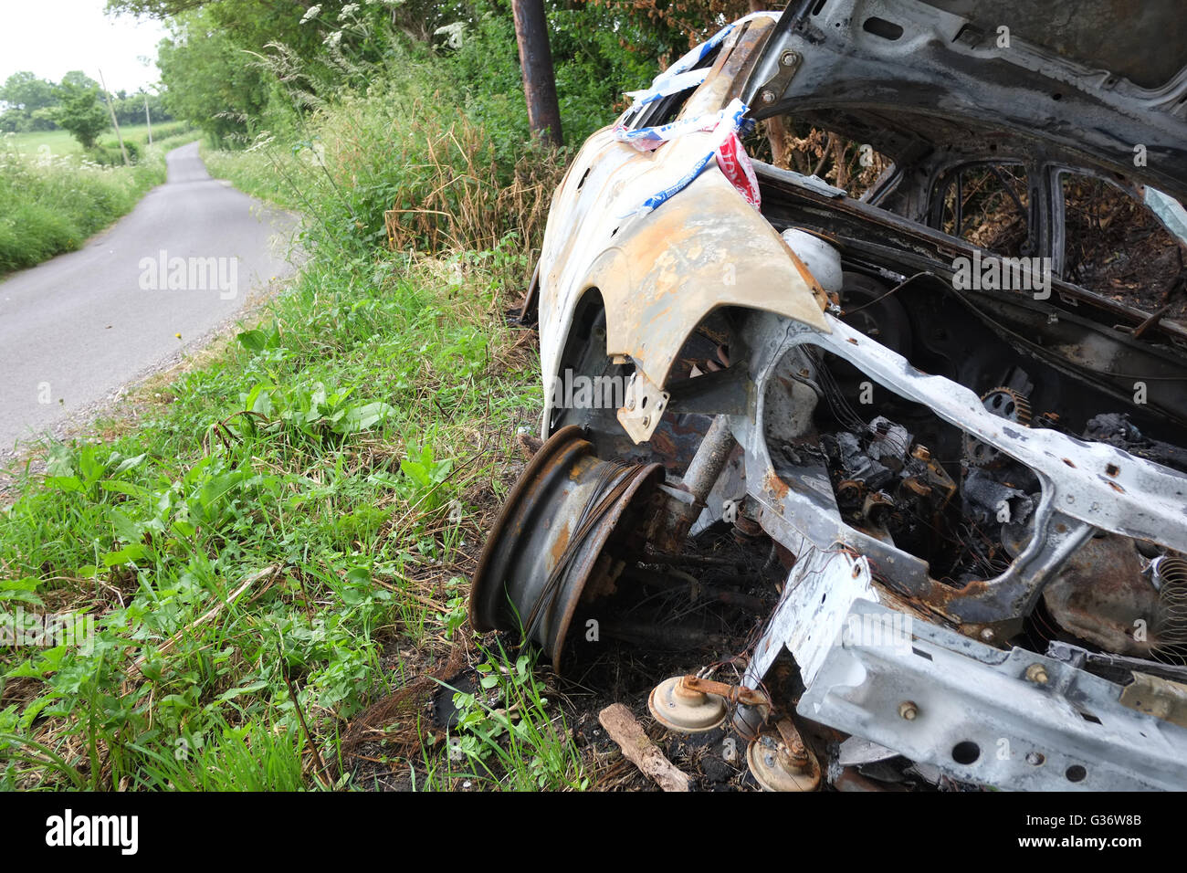 Burnt out car wreck in a ditch near Ashcott in rural Somerset, 8th June ...