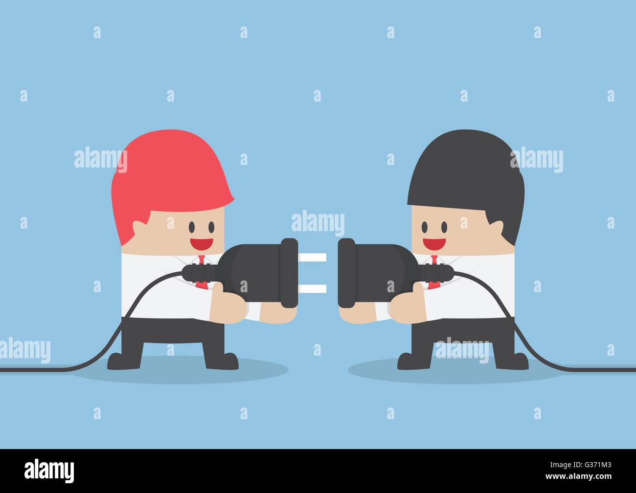 Two businessman trying to connect electric plug together, Connection ...