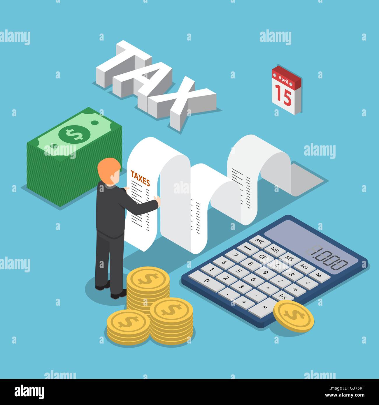 Isometric businessman calculate document for taxes with calculator ...