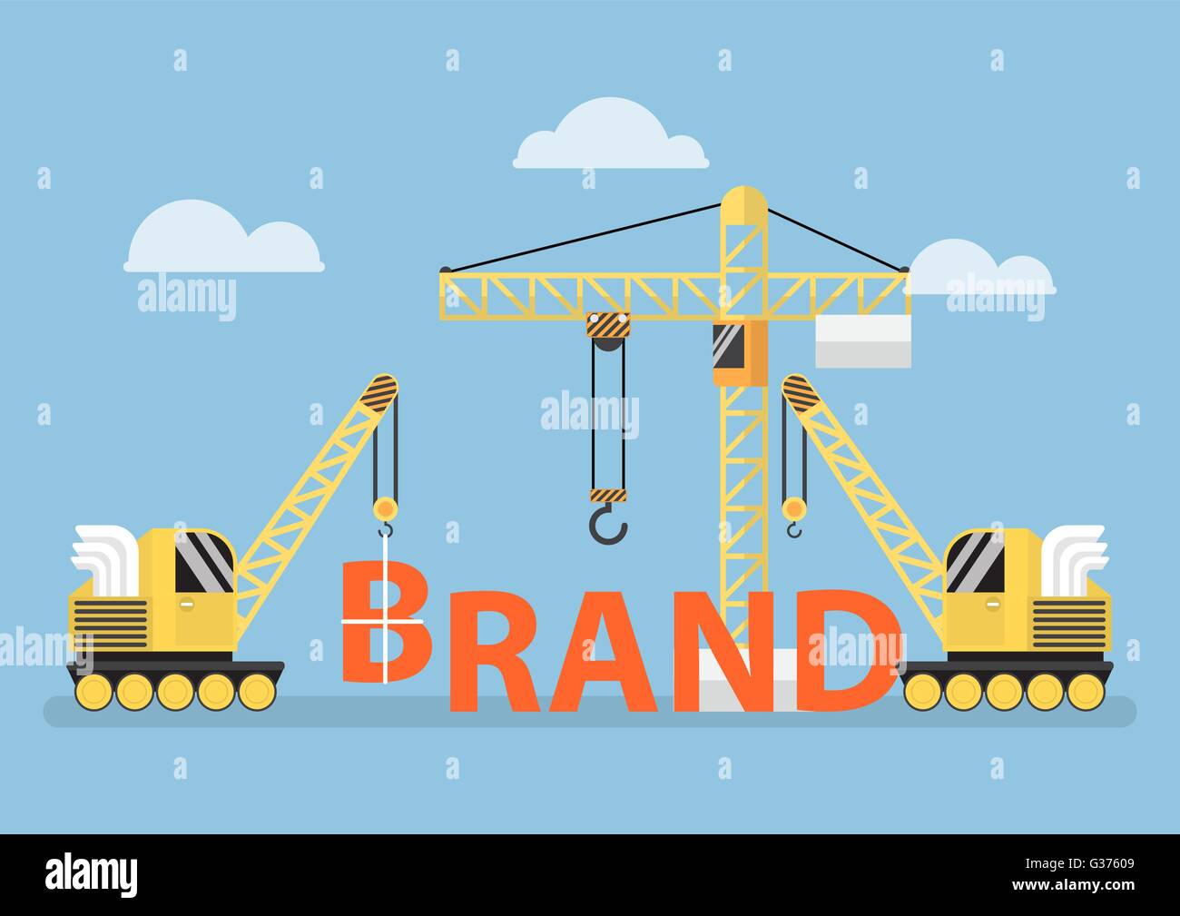 Construction site crane building big brand word, brand building concept ...