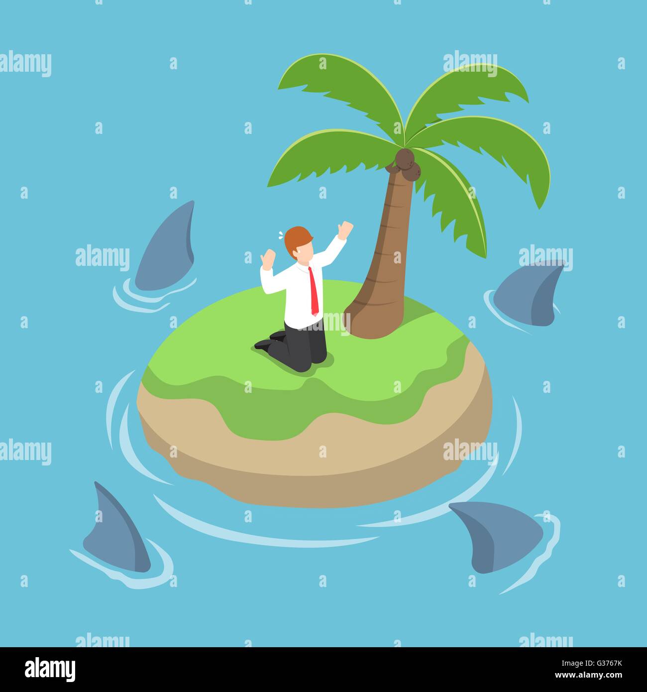 Isometric businessman stranded in an island surrounded by shark, danger ...