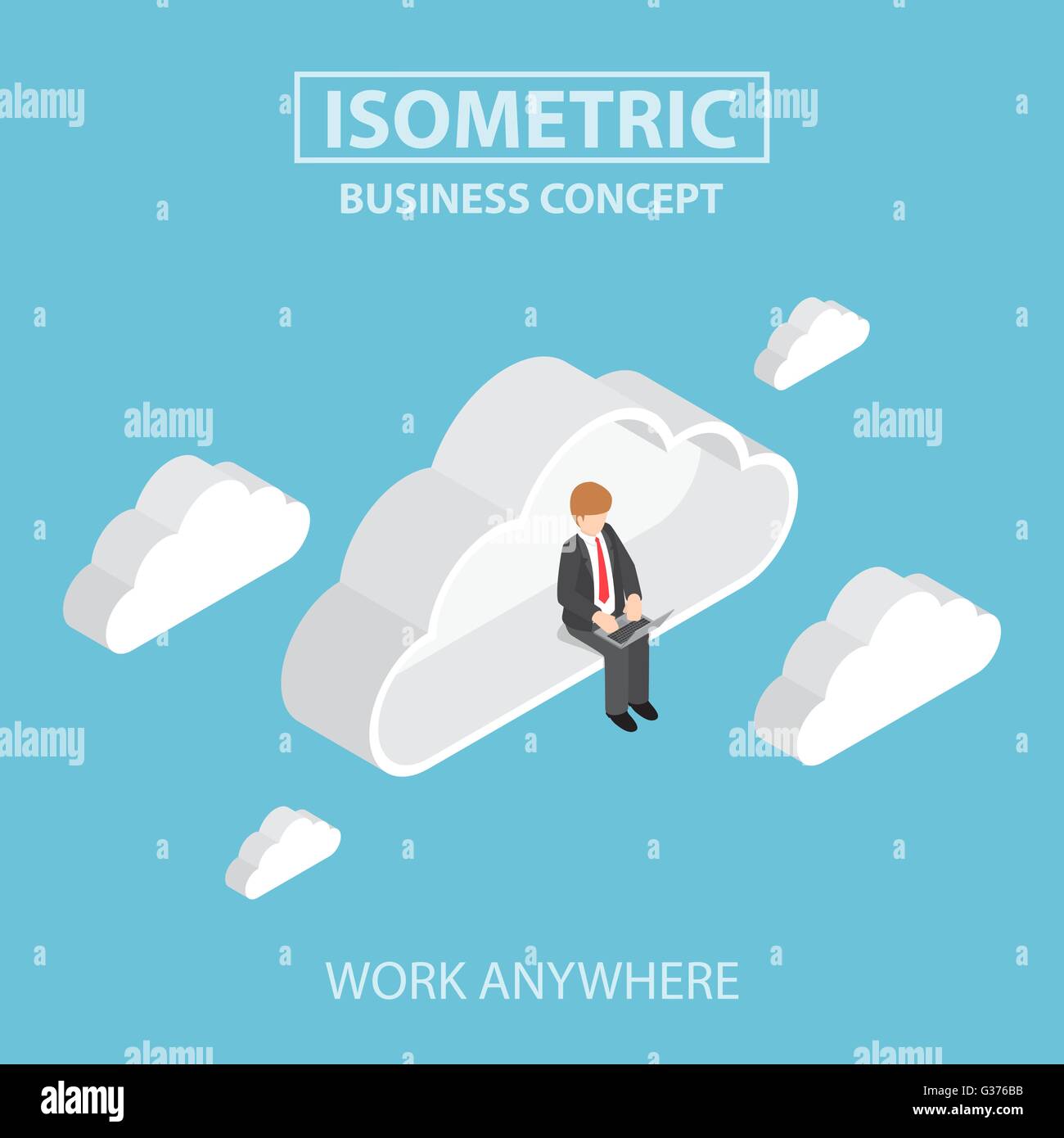 Isometric businessman sitting on cloud and working on laptop, success ...