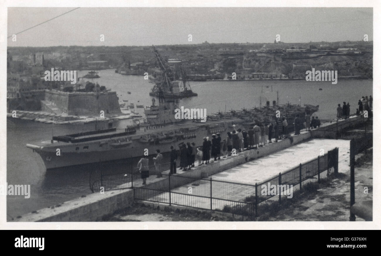 HMS Ocean, aircraft carrier leaving Malta Docks Date: C. 1950s Stock ...