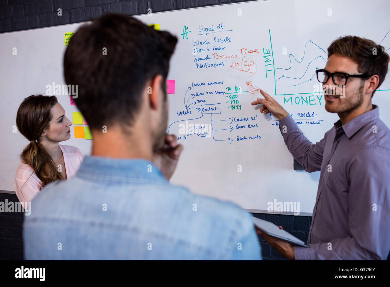 Coworkers interacting front of a board Stock Photo - Alamy