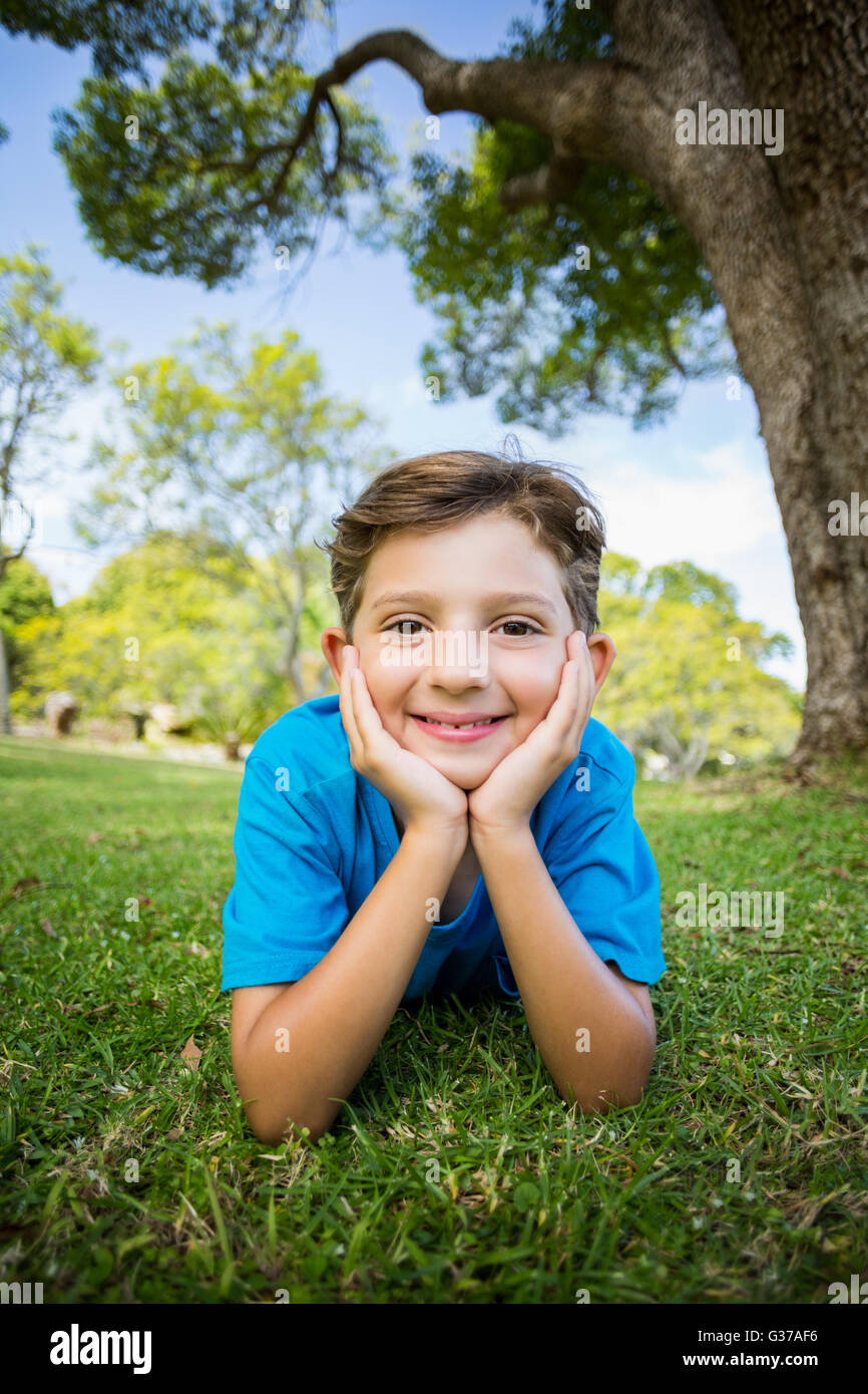 Smiling young boy lying on grass Stock Photo - Alamy