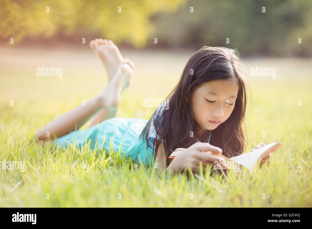 Girl Laying In Grass Reading